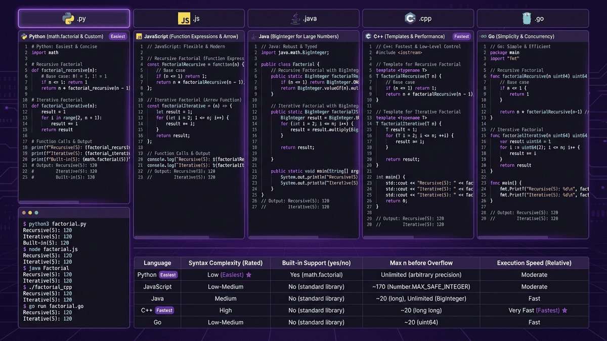 Factorial in Programming: Implementation Guide for 5 Languages (Python, JavaScript, Java, C++ ...